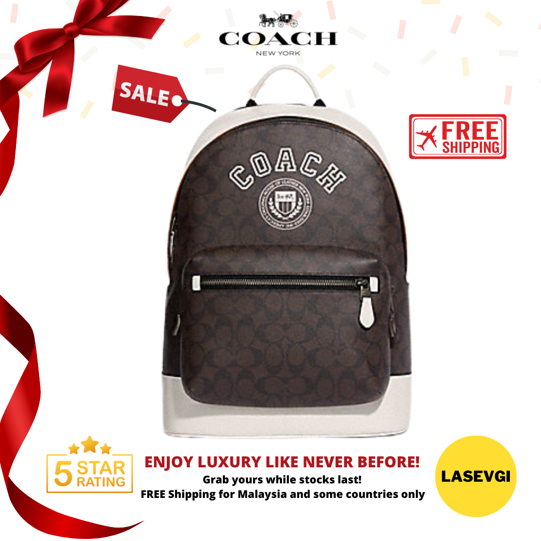 COACH West Backpack in Signature Canvas with Varsity Motif Mahogany Ch ...